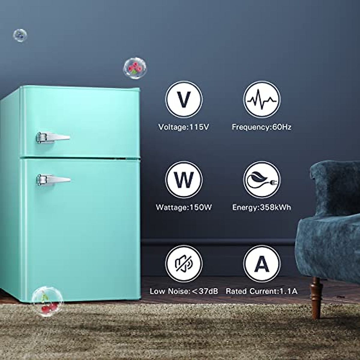 Havato 3.2 Cu.Ft Mini fridge with Freezer, Double Door Compact Refrigerator, Retro Mini Refrigerator for Dorm, Office, Bar, RV, Bedroom, (Green)