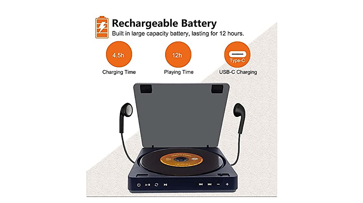 Portable CD Player with Rechargeable Battery & Dual Headphones