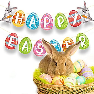 Happy Easter Banner Garland Easter Banner Paper Easter Bunnies Egg Sign for Party Decorations Supplies Home Decor for Mantle Fireplace…