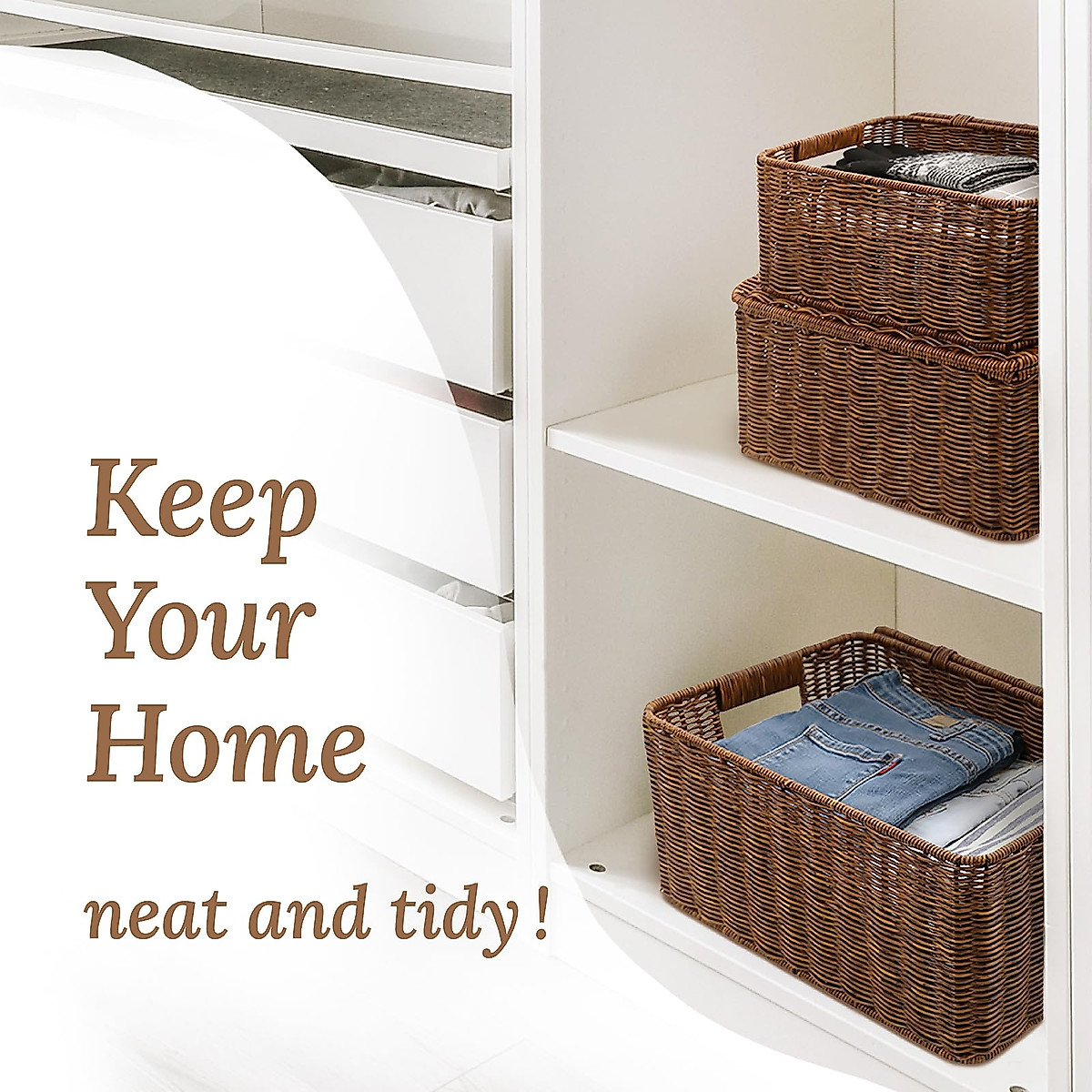 WeeNest Baskets with Lids, Wicker Storage Baskets with Lids, Shelf Baskets for Organizing, Baskets with Lids for Organizing, Wicker Decorative Basket, Resin Wicker Set of 3, Toffee