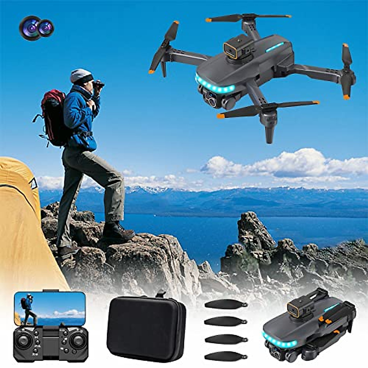 P14 Pro Compact & Foldable Mini Wireless Drone - Dual 4K HD FPV Camera - Intelligent 360° Obstacle Avoidance - WIFI VR RC Drone Quadcopter Circle Fly, Route Fly, Altitude Hold, Headless Mode (Black)