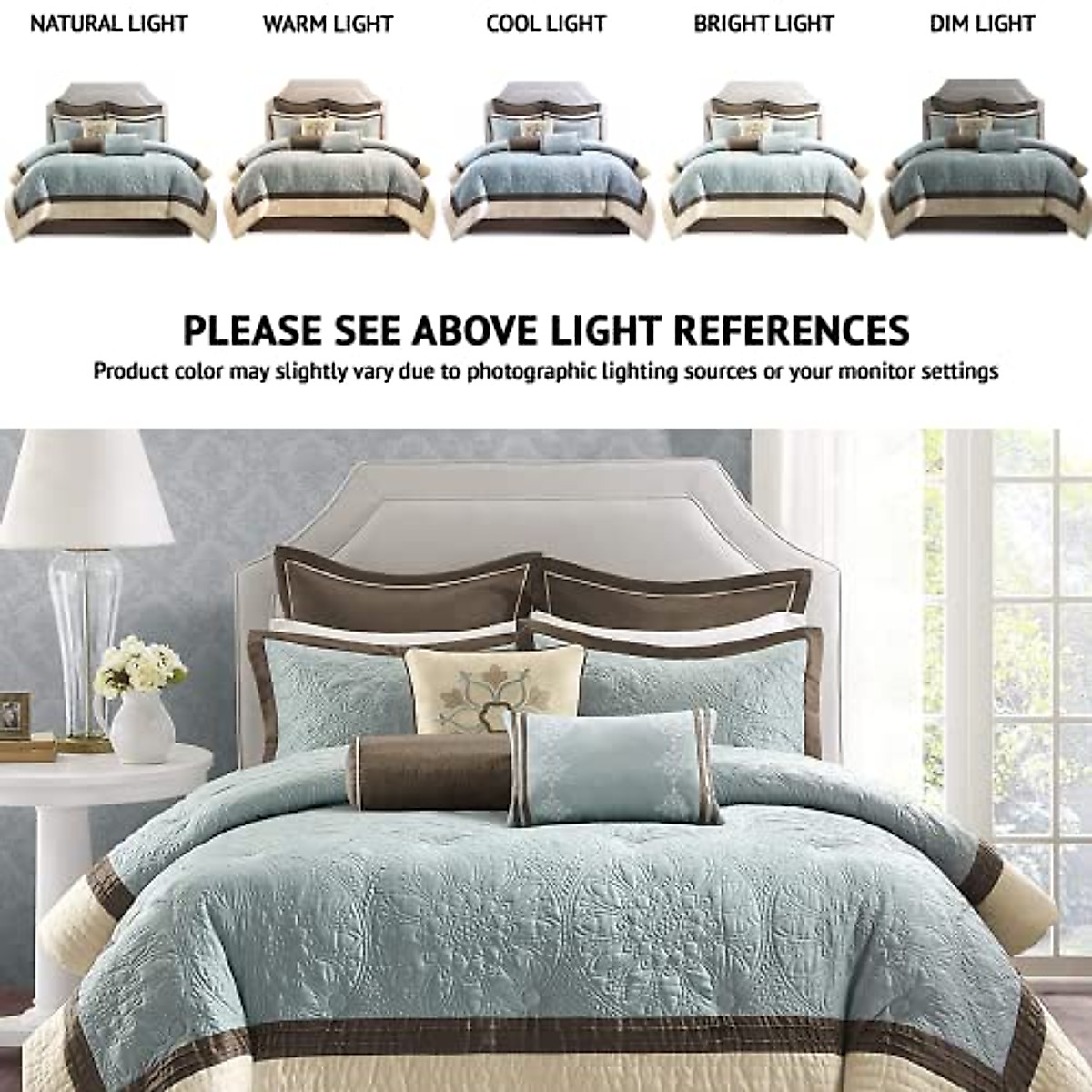 Madison Park Cozy Comforter Set Casual Modern Design All Season, Matching Bed Skirt, Decorative Pillows, Queen(92"x96"), Blue, 9 Piece (MP10-458)