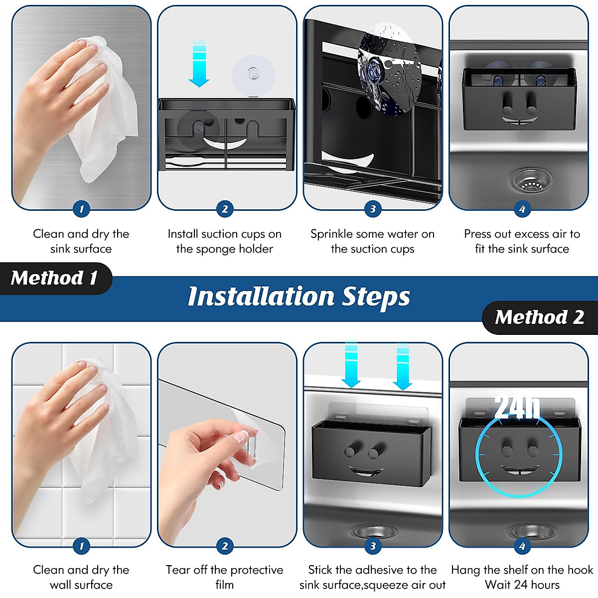 Utobao Sponge Holder, Smiley Face Kitchen Sink Caddy for Kitchen Sink, Sink Brush Holder for Holding Smiling Face Scrubber, Soap, Dish Brush,2 Installation Ways (Suction Cups & Adhesive Hook)-Black