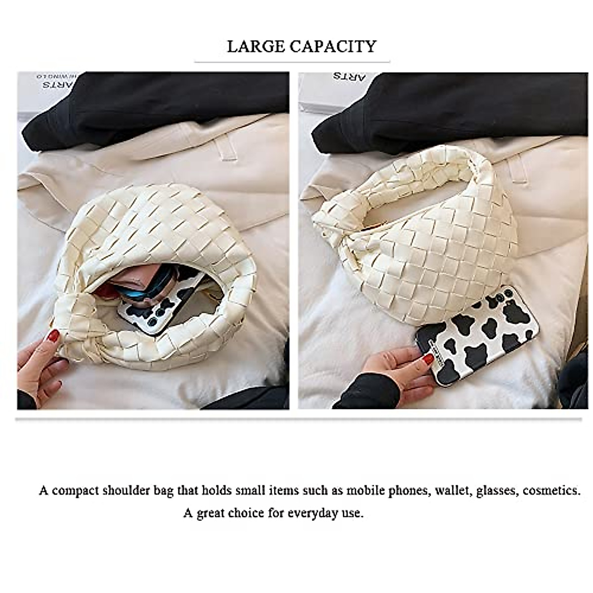 Women Kontted Woven Bag Handbag Hobo Bag Leather Woven Fashion Designer Ladies Clutch Purse Dumpling Shoulder Bag for Women (Silver)