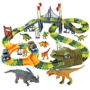 IQKidz Dinosaur World Race Track Toys - 216pcs Flexible Track Playset with 1 Dinosaur Car, 1 Race Car, 6 Dino Toys, for Kids 3 4 5 6 Year & Up Old (Boys and Girls)