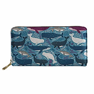 Alemiu Trendy Whale Design Green Long Wallets Leather Purse for Womens Travel Casual Handbag Clutch Money Clip Zip Around