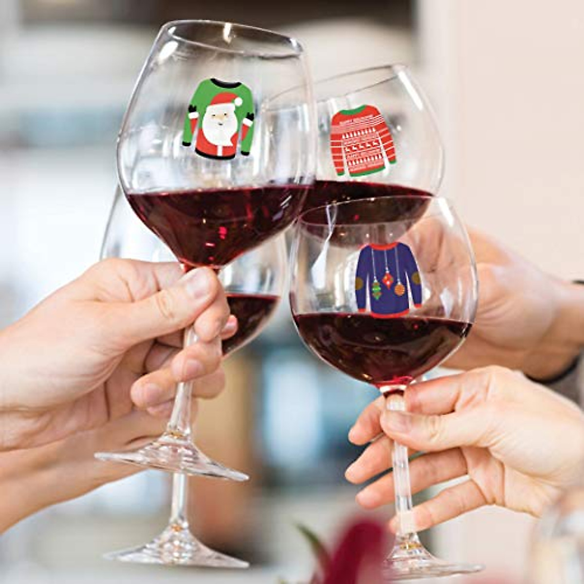 Drink Markers - Holiday Static Cling Glass Stickers - Reusable Wine Clings - Funny Christmas Ugly Sweater (Vinyl, Set of 12)