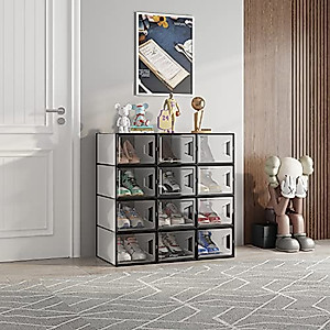 Closacessy 6 Pack Shoe Box Clear Platic Stackable Shoe Storage Containers, Drop Front Sneaker Storage Space Saving Shoe Organizer Box, Fit Up to Size 14 Black