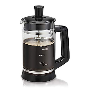 Hamilton Beach French Press with Frothing Attachment for Coffee, Hot Chocolate or Tea, 1 Liter, Glass (40400R)