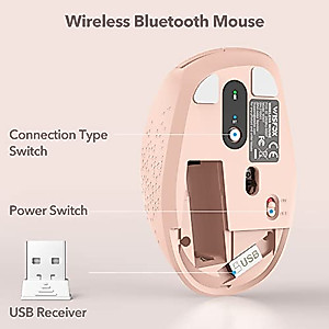 WisFox Bluetooth Mouse, Silent Wireless Mouse Come with 2 Modes (Bluetooth 3.0/5.0 + USB), Multi-Device Portable Cordless Mouse for Laptop, iPad, MacOS, PC, Windows, Android (Pink)