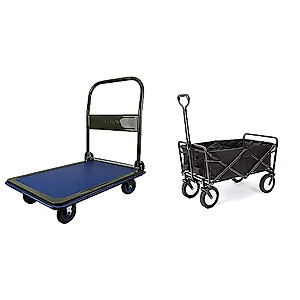 Olympia Tools 85-182 Folding & Rolling Flatbed Cart for Loading, Olive Green with Blue Bumper, 600 Lb. Load Capacity & MacSports Collapsible Folding Outdoor Utility Wagon, Black