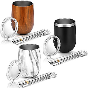 3 Packs Mate Cup and Bombilla Set, Including 12 oz Yerba Mate Cup Stainless Steel Double Walled Mate Tea Cup with Lid, Bombilla Yerba Mate Straw and Cleaning Brush for Yerba Mate, Tea, Coffee, Drinks