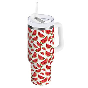 Wfrish Tumbler with Handle and Straw Lid,Vintage Red Watermelon Fruit 40 oz Insulated Coffee Cup Stainless Steel Water Bottle Travel Mug Cupholder Friendly,Gifts for Women Men