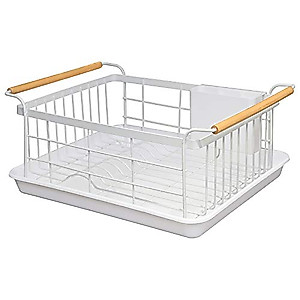 BRIAN & DANY Kitchen Dish Drainer, Drying Rack with Full-Mesh Storage Basket, Wooden Handle, Removable Cutlery Tray