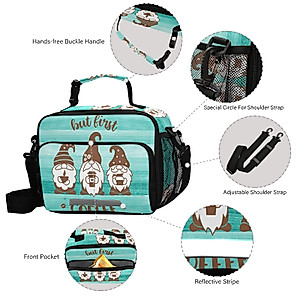 Teal Turquoise Wood Coffee Gnome Lunch Bags for Women Men Green Lunch Box Insulated Thermal Cooler Bag Reusable Organizer Tote Lunch Bag with Adjustable Shoulder Strap for Work Picnic Beach Sporting