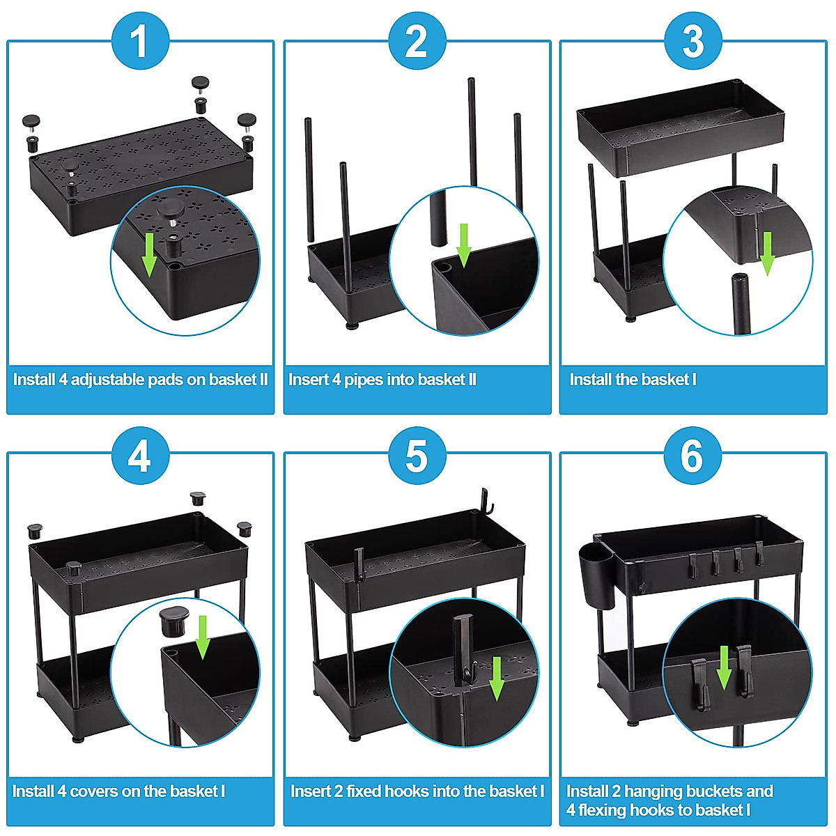 Spurtar 2 Pack Under Sink Organizers and Storage, 2 Tier Bathroom Under Cabinet Storage Multi-purpose Under Sink Storage Rack Bath Collection Baskets for Kitchen with 2 Cups and 12 Hooks, Black
