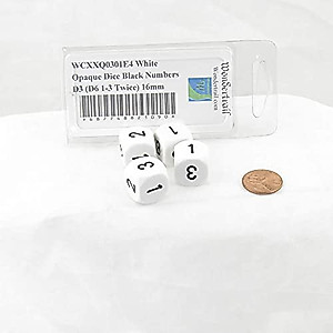Wondertrail White Opaque Dice with Black Numbers D3 (D6 1-3 Twice) 16mm (5/8 inch) Pack of 4