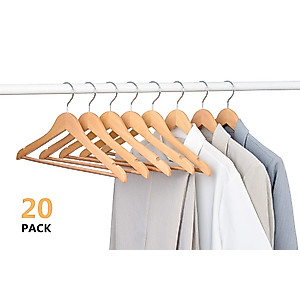 Amber Home 20 Pack 15" Natural Wooden Clothes Hangers for Woman, Teenager Clothing Hangers for Shirt Jacket, Solid Wood Dress Coat Hangers with Non Slip Pants Bar (Natural, 20)