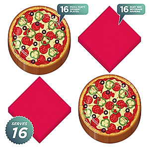 Pizza Party Round Paper Dessert Cake Plates and Beverage Napkins (Serves 16) - Pizza Party Celebration Theme Paper Tableware