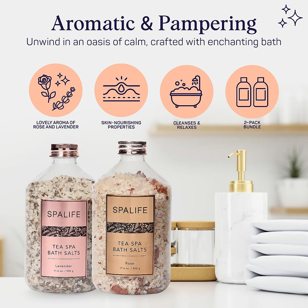 SpaLife Tea Spa Petal-Infused Effervescent Mineral Bath Salts - Lavender & Rose, 2-Pack 17.6 oz. ea for Relaxing Aromatherapy and Soothing Soaks