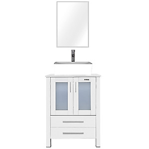 eclife 24" Bathroom Vanity Sink Combo White Stand Cabinet Rectangle White Ceramic Vessel Sink & Chrome Water Save Faucet & Solid Brass Pop Up Drain with Mirror (T03 B02W)