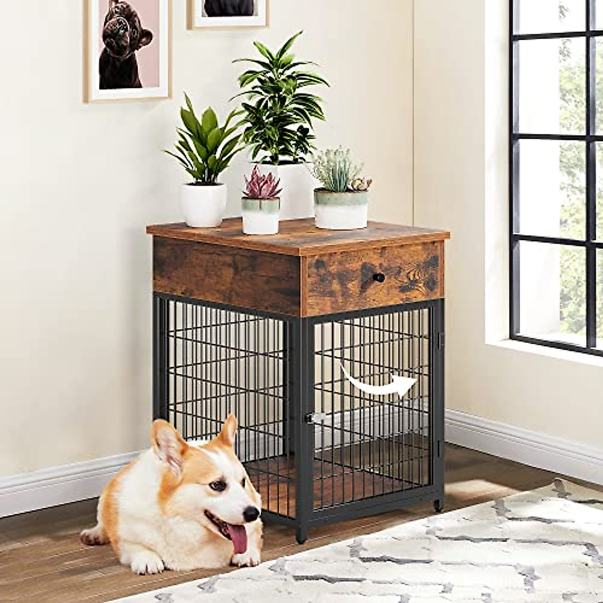 IDEALHOUSE Furniture Dog Crates, 28.9" Wood Dog Kennel with Flip-up Drawer Chew-Proof Home Wooden Dog Crate, Small Pet Dog Indoor Crate Side Table Vintage, 23.4” x 20” x 28.9” with Flip-up Drawer