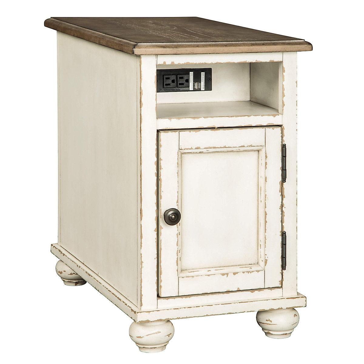 Signature Design by Ashley Realyn French Country Chair Side End Table with Outlets & USB Ports, Cream
