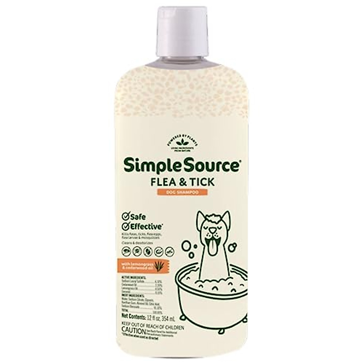 SimpleSource® Flea & Tick Shampoo for Dogs, Powered by Plants, Kills Fleas, Flea Eggs, Flea Larvae, & Ticks, & Mosquitos, Cleans & Deodorizes, 12oz Bottle
