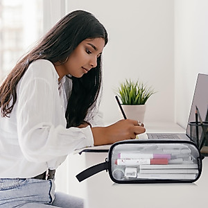 Aosbos Mesh Pencil Case, Clear Pencil Pouch Pencil Bags, Transparent Pen Holder Bag, Multi-Purpose Organizer Box with Portable Strap, White and Black