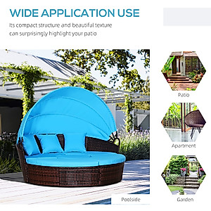 Outsunny 4-Piece Round Convertible Daybed with Cushions, Outdoor PE Rattan Patio Wicker Sofa Set, Sunbed with Adjustable Sun Canopy, Sectional Sofa, 2 Chairs, Table, 3 Pillows, Light Blue