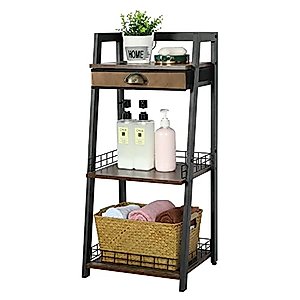 keomaisyto 3-Tier Bathroom Ladder Shelf, Bathroom Floor Storage Shelf with Drawer, Freestanding Tower Shelf, Open Shelving Unit for Bathroom Living Room Balcony