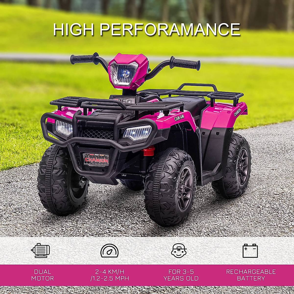 Aosom 12V Ride on ATV for Kids, Kids Electric 4 Wheeler with Headlight, Music, MP3, Treaded Tires, Battery Powered Kids Quad for Toddler, Pink