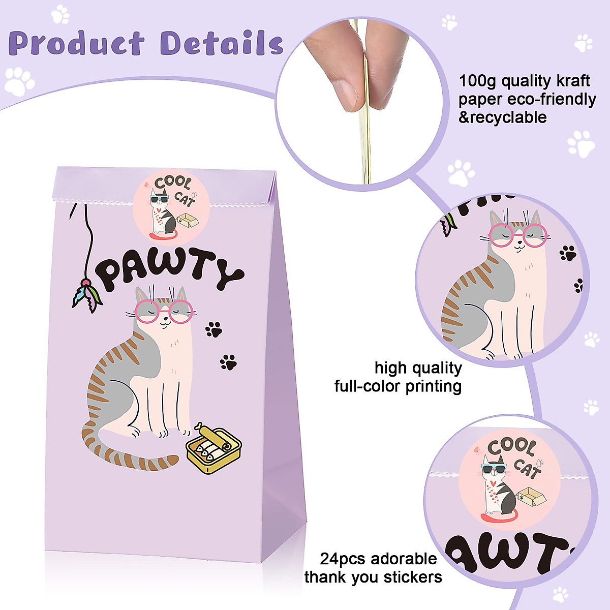 24 Pcs Cat Party Favor Bags Cat Goodie Bag Kitty Candy Treat Bags with Stickers for Kids Birthday Pet Cat Theme Party Decoration Supplies Favors, 8.6 x 4.7 x 3.1 Inches