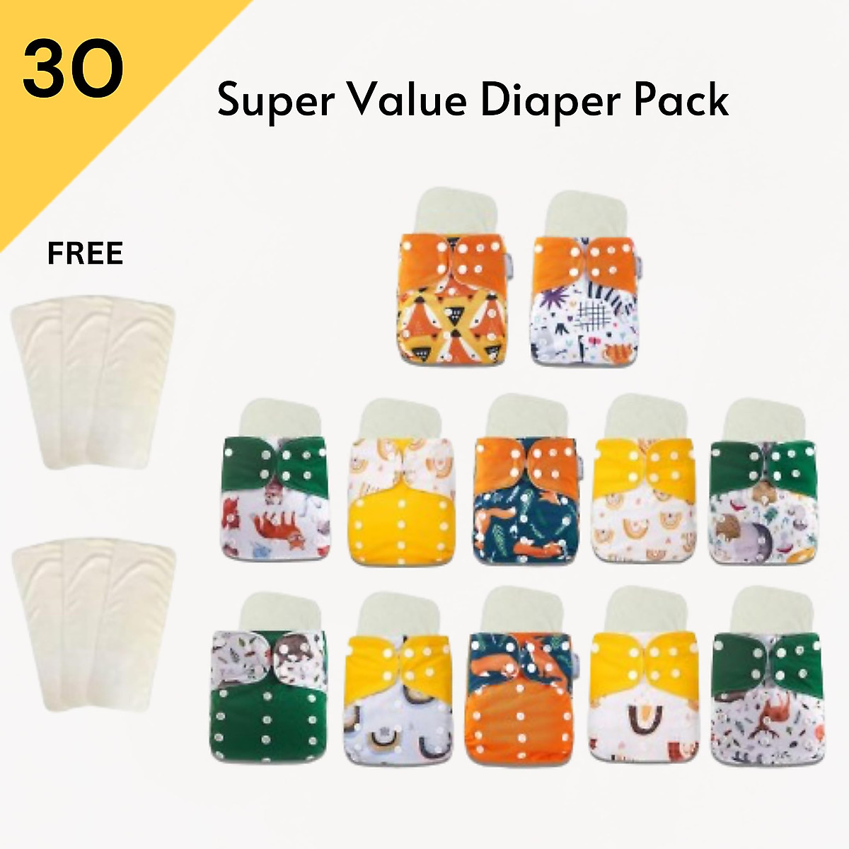 KaWaii Baby Super Value Pack 12 One Size Cloth Diapers + 12 One Size Premium 5-Layer Inserts + 6 Free Premium Inserts