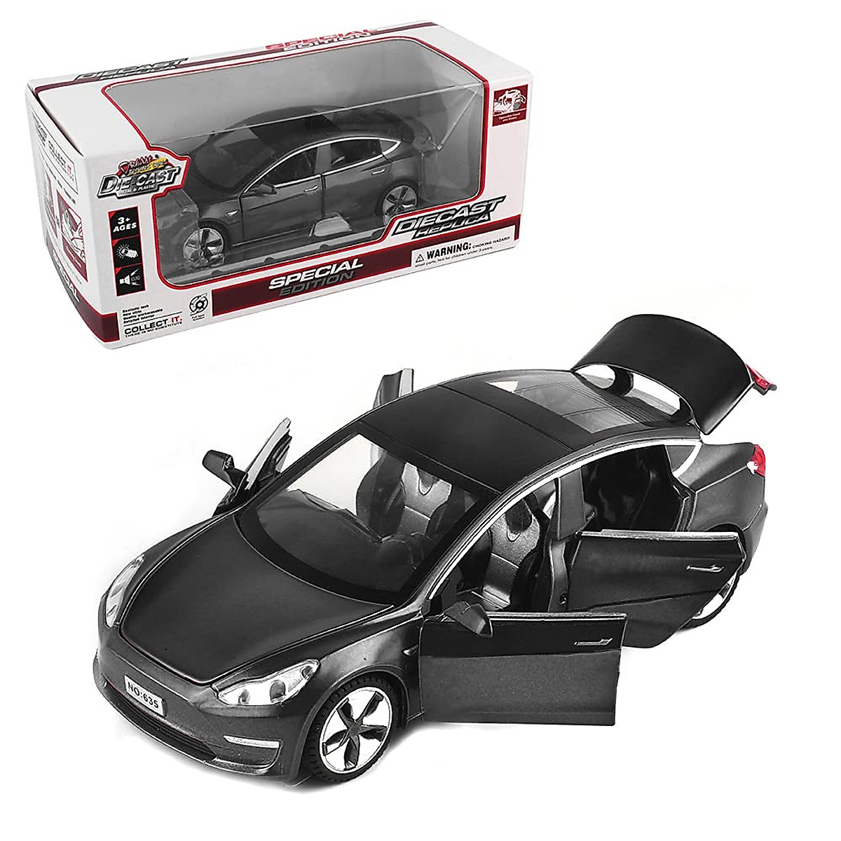Model 3 Toy Car 1:32 Scale Alloy Car Model 3 Diecast & Pull Back Toy Vehicles Car Toy for 3 to 12 Years Old Toddlers Kids Toy Gift - with Lights and Music (Black)