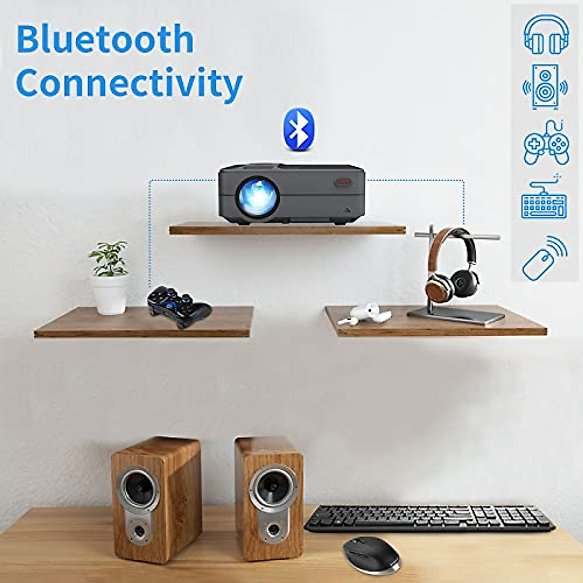 Mini Portable WiFi Projector Support 1080P Home Theater,Wireless Outdoor Movie Projector with Bluetooth,Indoor Smart Android Projector Built in Apps/Speaker/HDMI/USB for Laptop Phone TV Stick