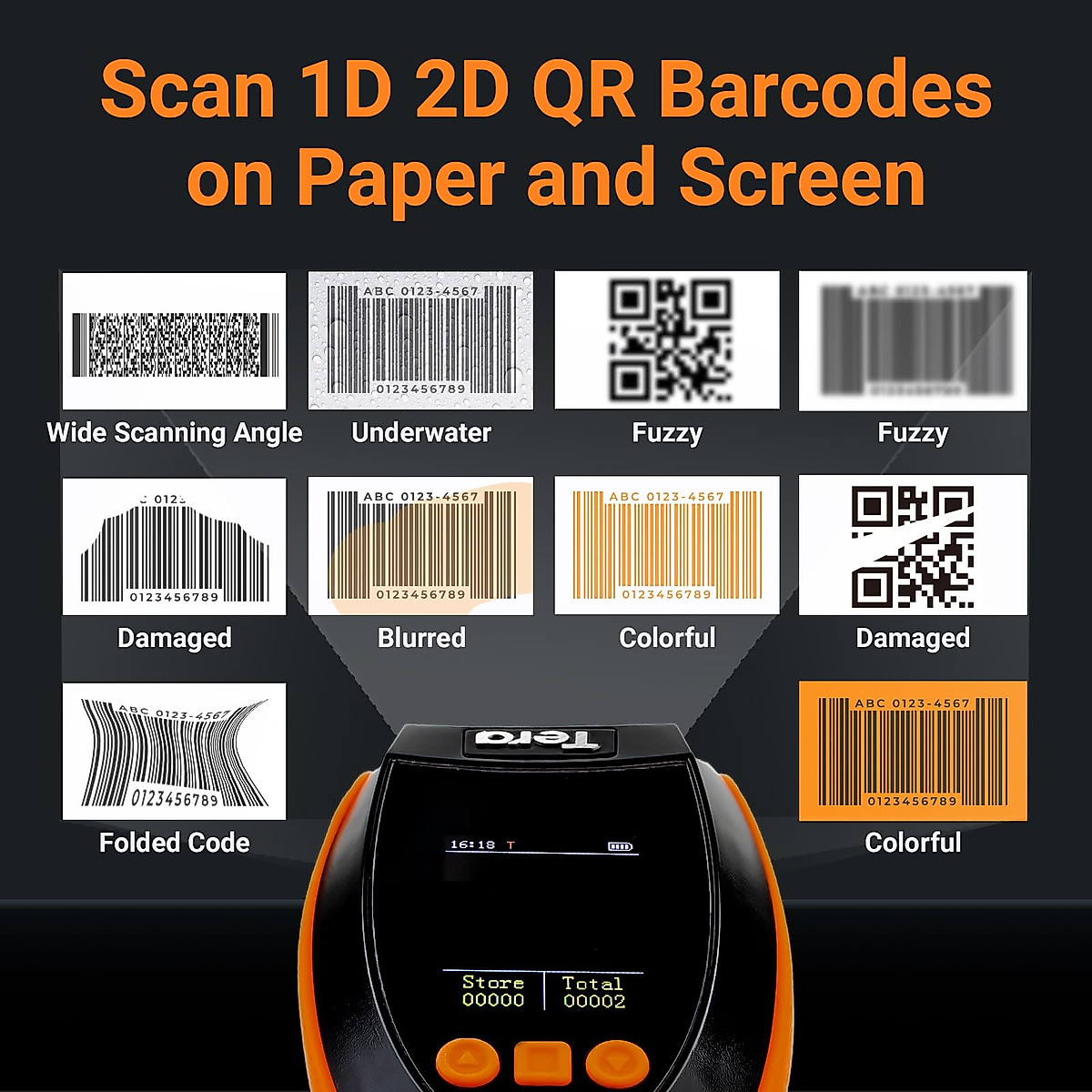 Tera Barcode Scanner Wireless with Screen: Pro Version 1D 2D QR with Setting Keypad Charging Cradle Works with Bluetooth 2.4G Wireless USB Wired Handheld Bar Code Reader HW0009