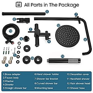 Outdoor Shower Fixture Set Matte Black SUS 304 Stainless Steel 8 Inch Rainfall Shower Head with Cylinder Handheld Spray Wall Mount Adjustable Slide Bar One Handle Shower Faucet