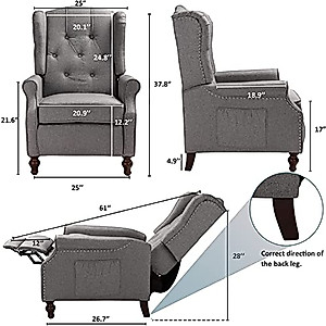 OQQOEE Wingback Recliner Chair with Massage & Heat Vibration, Fabric Push Back Accent Chairs Diamond Tufted Reclining Armchair for Living Room, Bedroom (Fabric, Light Grey)