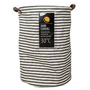 Deke Home Collapsible Laundry Basket Hamper. Round Striped Canvas Waterproof Large Storage bin Baskets. Storage Washing Clothes and Toys with Handles and drawnstring 13.3"x 18.5"