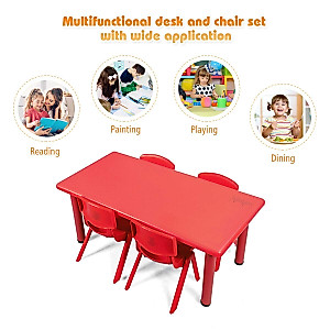 Costzon Kids Table and Chair Set, 4 Pcs Stackable Chairs, 47 x 23.5 Inch Rectangular Plastic Activity Table Set for Children Reading Drawing Playing Snack Time, Toddler School Furniture (Red)