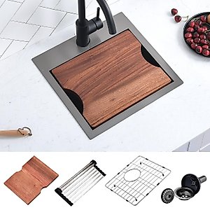 15 Black Stainless Steel Drop In Kitchen Bar Sink, Scamall 15X15X9 Inches Topmount Small Bar Sink - 16 Gauge Black Stainless Steel Workstation Kitchen Bar Sink SM021-1SBG