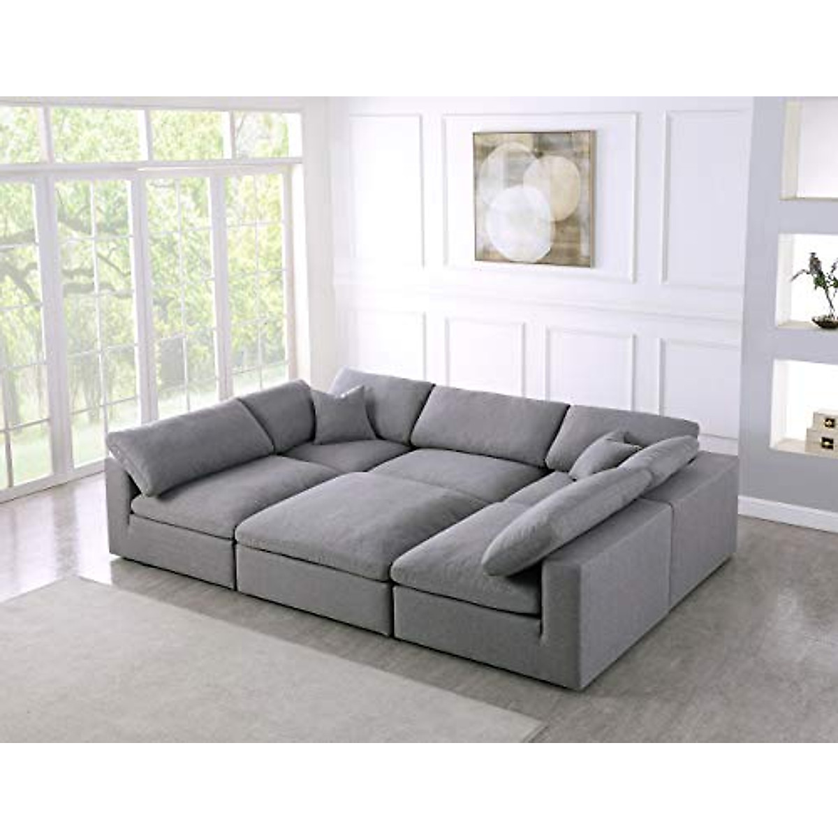 Meridian Furniture Serene Collection Modern | Contemporary Deluxe Comfort Modular Sectional, Soft Linen Textured Fabric, Down Cushions, 2 Corner + 3 Armless + 1 Ottoman, Grey