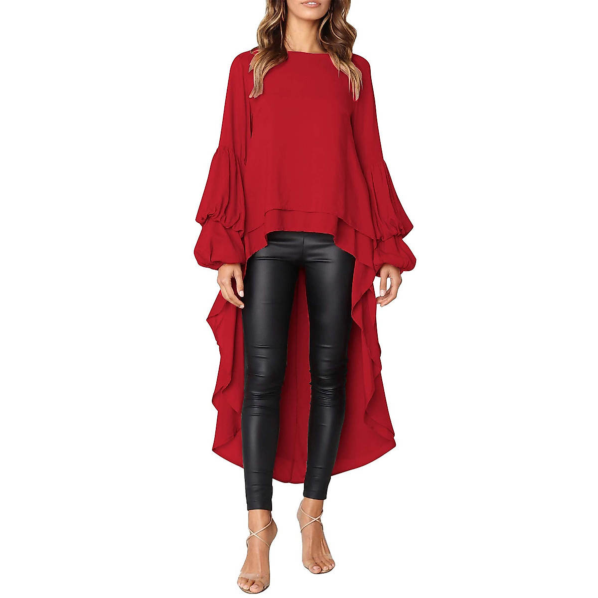 PRETTYGARDEN Women's Lantern Long Sleeve Round Neck High Low Asymmetrical Irregular Hem Casual Tops Blouse Shirt Dress (Red,Medium)