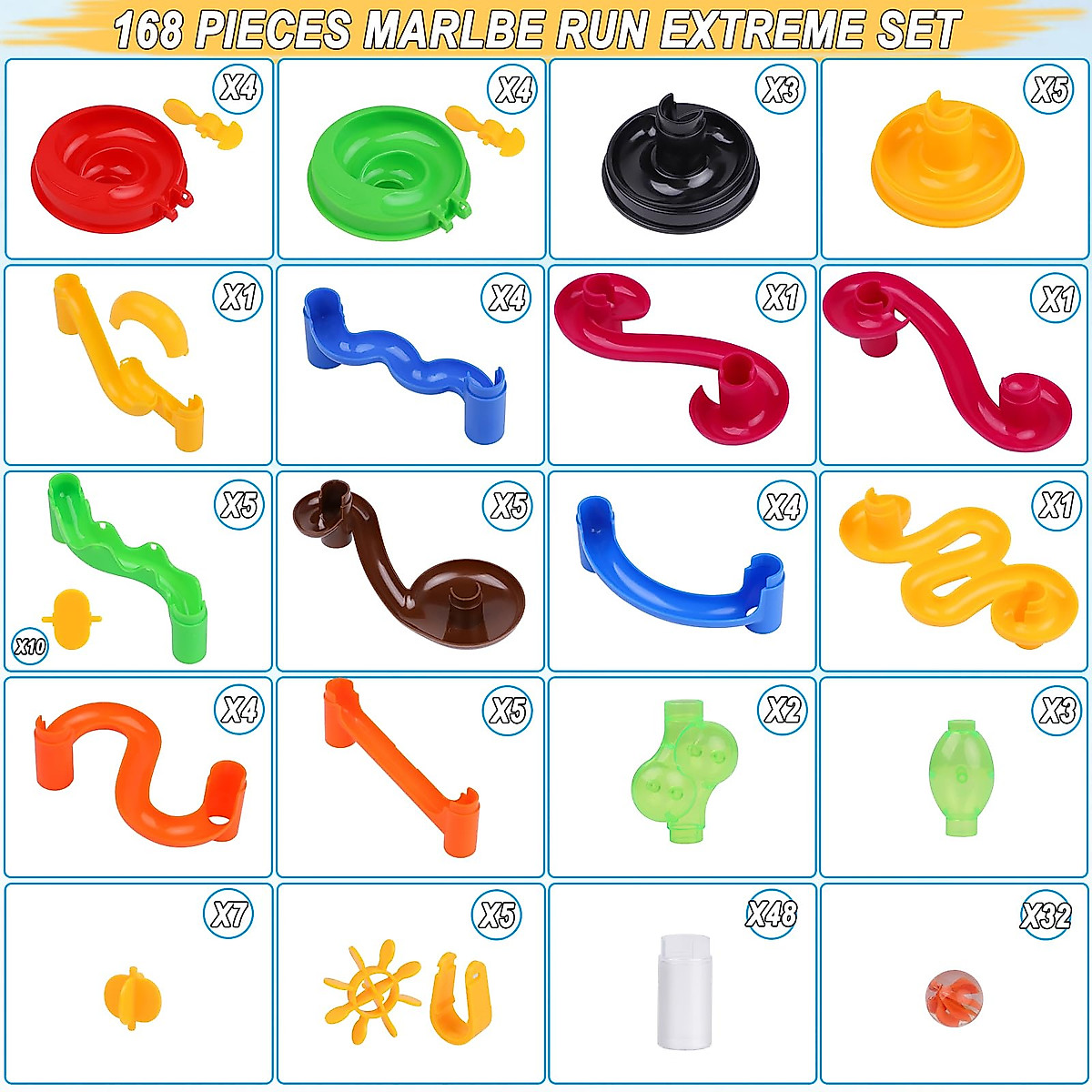 Gifts2U Marble Run Toy,168Pcs Educational Construction Maze Block Toy Set, STEM Learning Building Block Toy for Kids and Parent-Child Game(136 Translucent Plastic Pieces + 32 Glass Marbles)