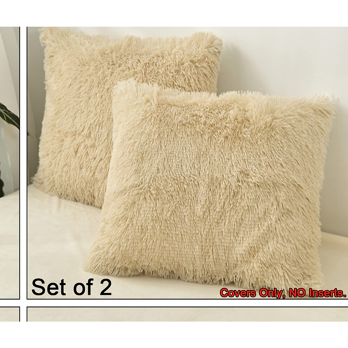 MorroMorn Shaggy Throw Pillow Covers, Luxury Long Faux Fur Decorative Pillows Shams, Square Pillow Cases Set, Pack of 2 Cushion Cover for Bed Couch Soft Fluffy Shaggy Room Decor (Khaki)