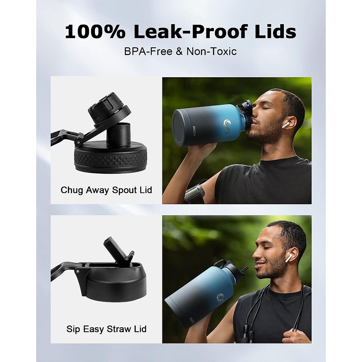 64oz Water Bottle Insulated with Straw & 2 Lids, INSPI Double Wall Vacuum Stainless Steel Metal Large Jug with Handle, Wide Mouth Flask Mug with Carry Pouch, Keep Cold Hot for Travel, Indigo Black