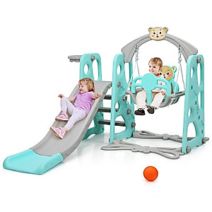Costzon 4 in 1 Toddler Slide and Swing Set, Little Bear Indoor Outdoor Baby Swing with Slide, Swing, Climber, Basketball Hoop and Ball, Kids Climber Playground Playset for Girls Age 1+ Gifts Presents