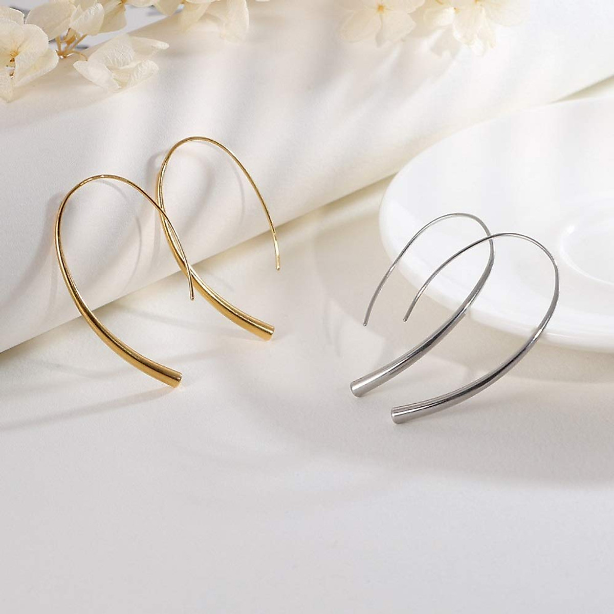 Open Hoop Earrings - Upside Down Threader Earrings, Surgical Titanium Steel Hypoallergenic (Silver)