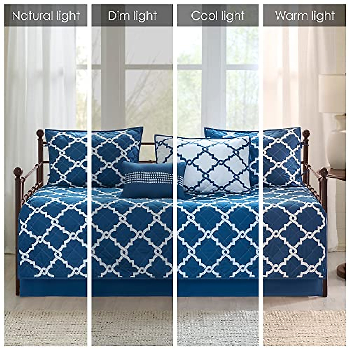 Madison Park Essentials Merritt Reversible Daybed Cover-Fretwork Print, Diamond Quilting All Season Cozy Bedding with Bedskirt, Matching Shams, Decorative Pillow, 75"x39", Navy 6 Piece